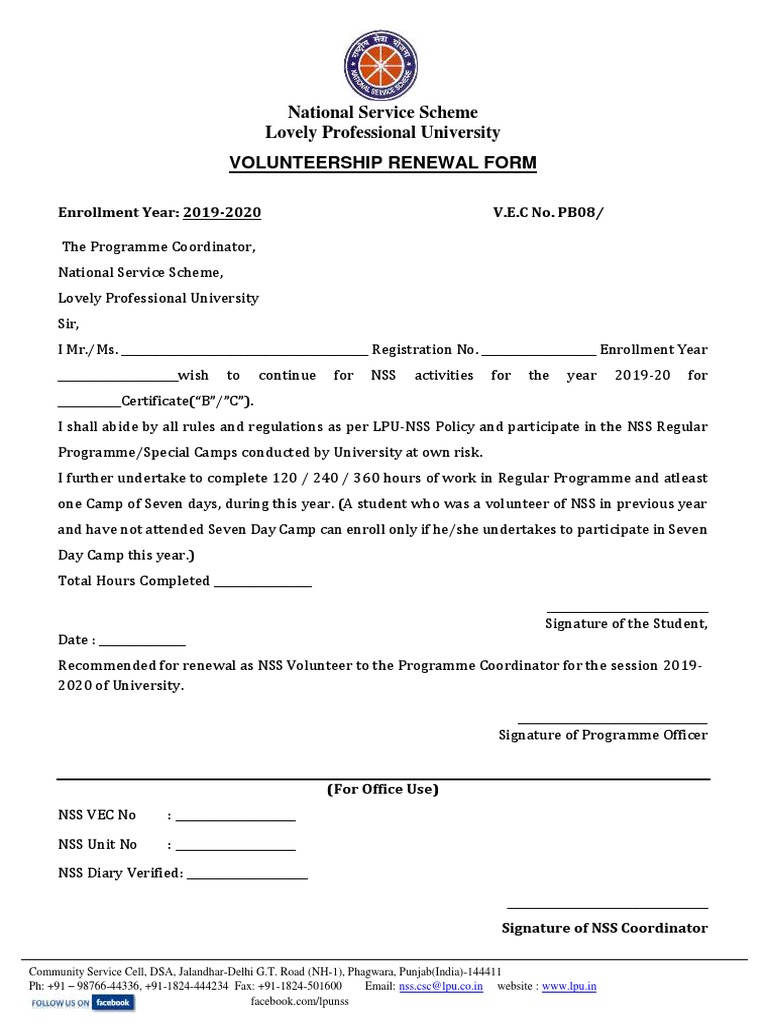 NSS Volunteership Renewal Form 2025 | PDF | Economy Of India | Youth ...