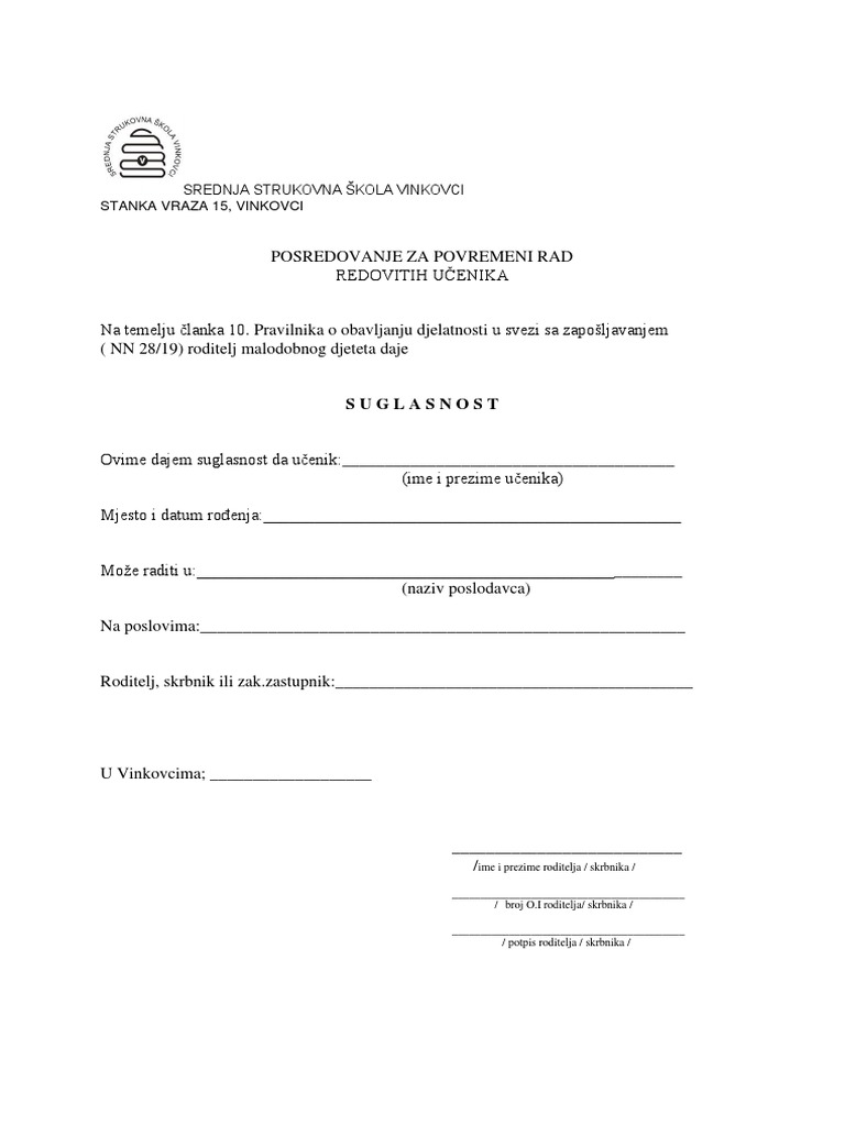 Suglasnost Roditelja | PDF