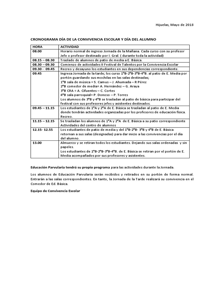 Cronograma Dia de La Conv Escolar y Dia Del Alumno | PDF | Escuelas ...