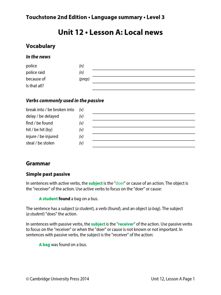 Unit 12 - Lesson A: Local News: Touchstone 2nd Edition - Language ...
