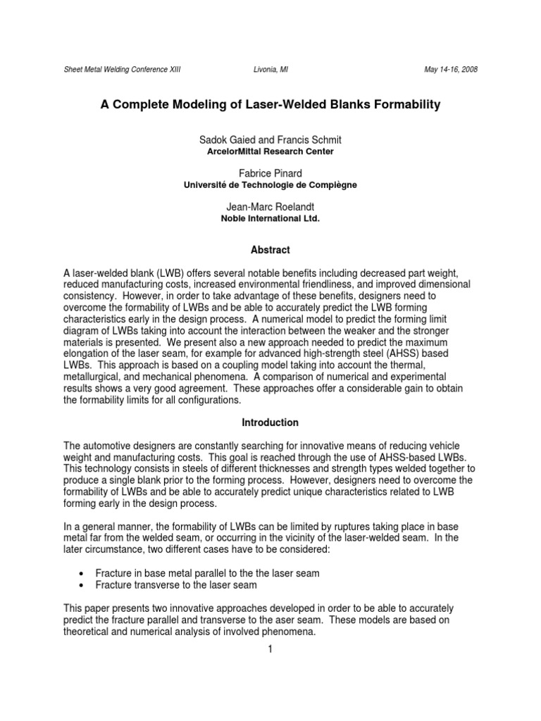 A Complete Modeling of Laser-Welded Blanks Formability | PDF ...