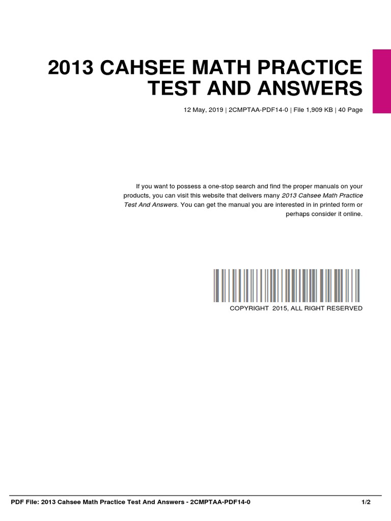 IDd32cf789e-2013 Cahsee Math Practice Test and Answers | PDF | E Books ...