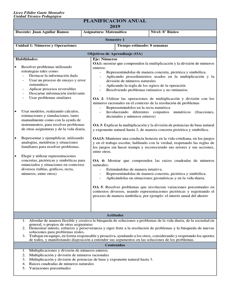 Planificación Anual Octavo Matemática 2019 | PDF | Geometría | Fórmula