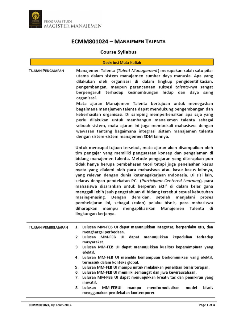 Syllabus Manajemen Talenta UI | PDF | Karier & Perkembangan