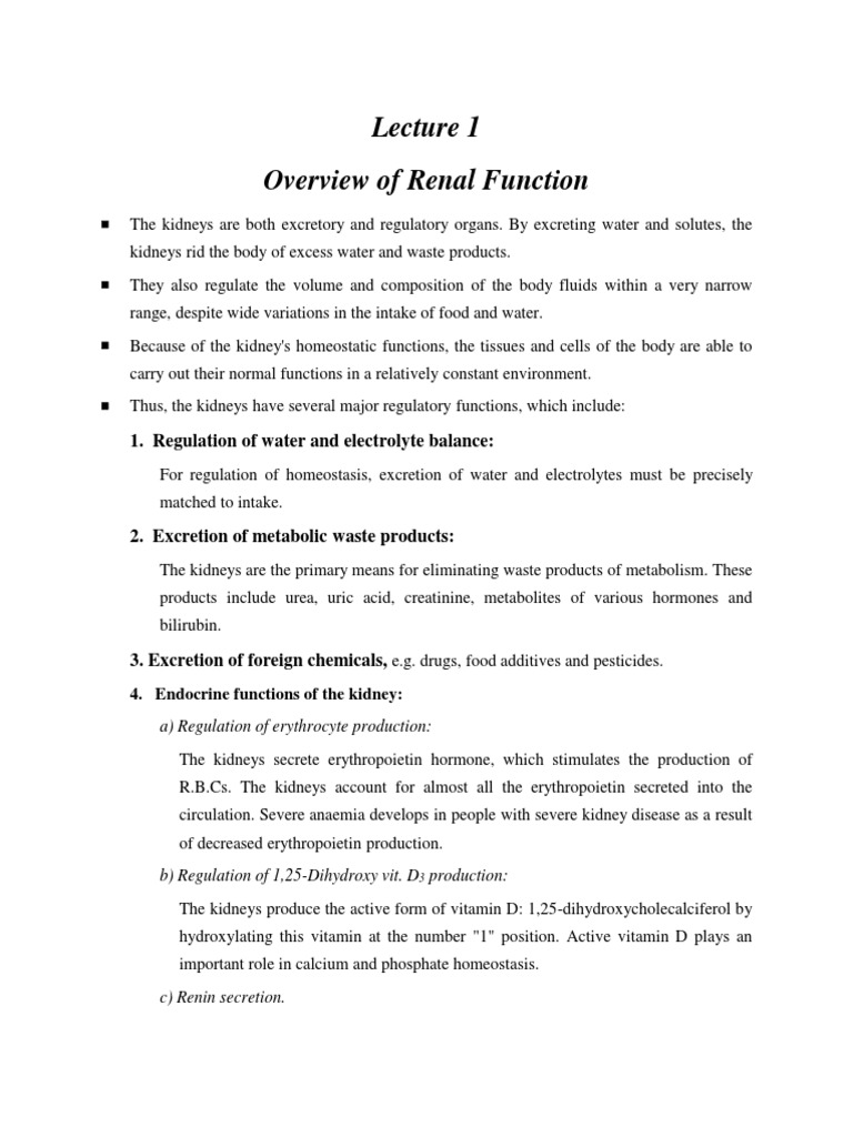 Overview of Renal Function: 1. Regulation of Water and Electrolyte ...
