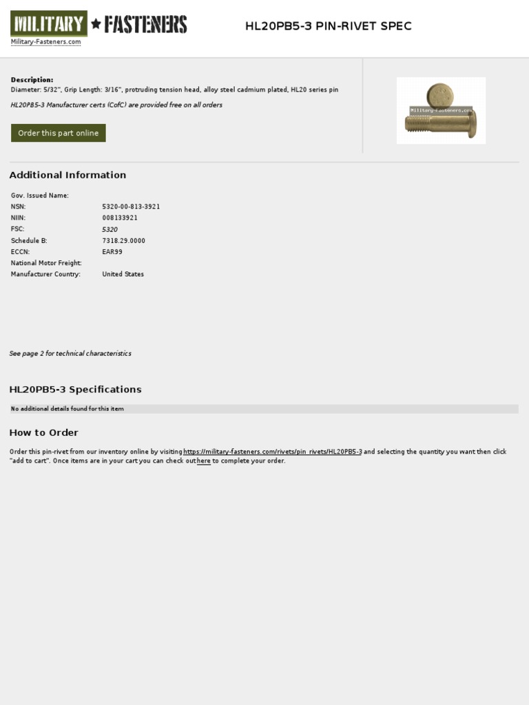 Hl20Pb5-3 Pin-Rivet Spec: Additional Information | PDF | Technology ...