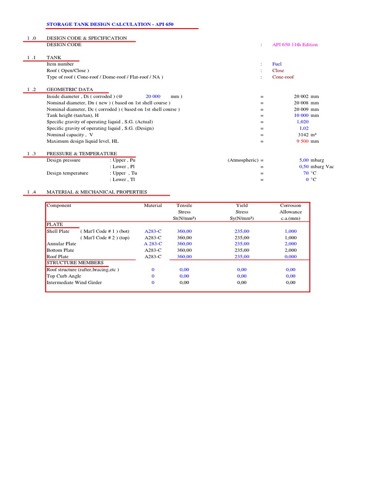 Storage Tank Design Calculation - Api 650: Close Cone-Roof | PDF ...