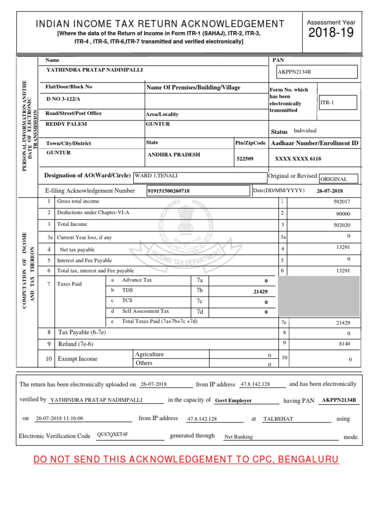 Indian Income Tax Return Acknowledgement: Name of Premises/Building ...