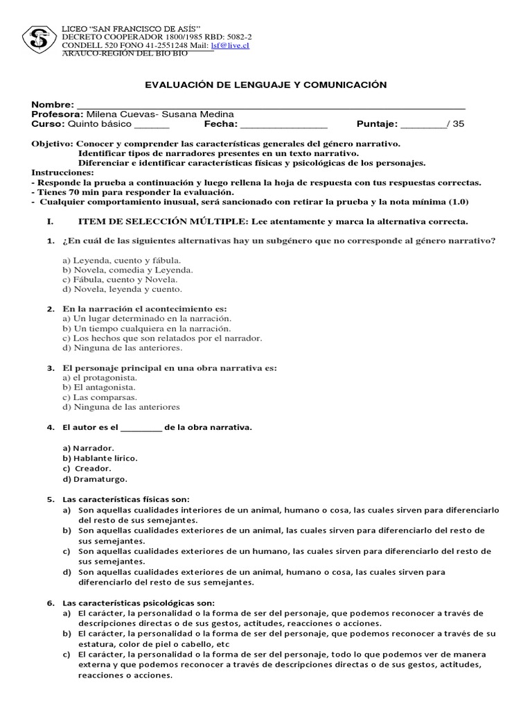 Prueba Genero Narrativo Quinto Basico 2019 | PDF | Narrativa | Narración