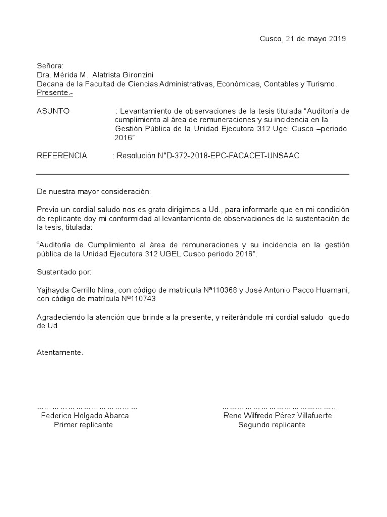 Carta de Levantamiento de Obs | PDF
