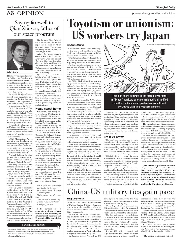 Toyotism or Unionism: US Workers Try Japan: China-US Military Ties Gain ...