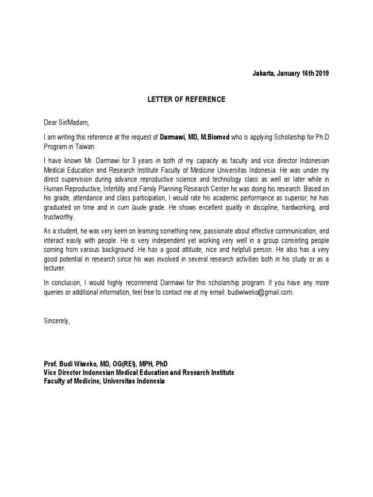 Reference Letter for Darmawi's PhD Scholarship | PDF