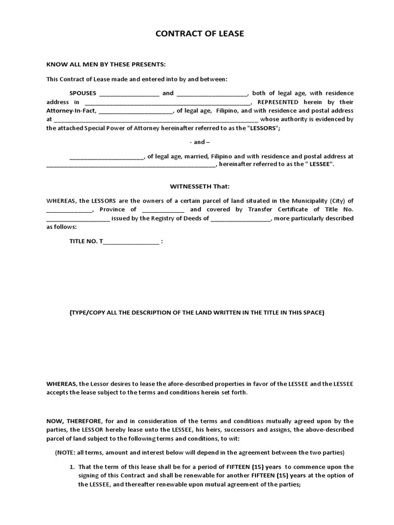 Contract of Lease With Special Power of Attorney Sample | PDF | Lease ...