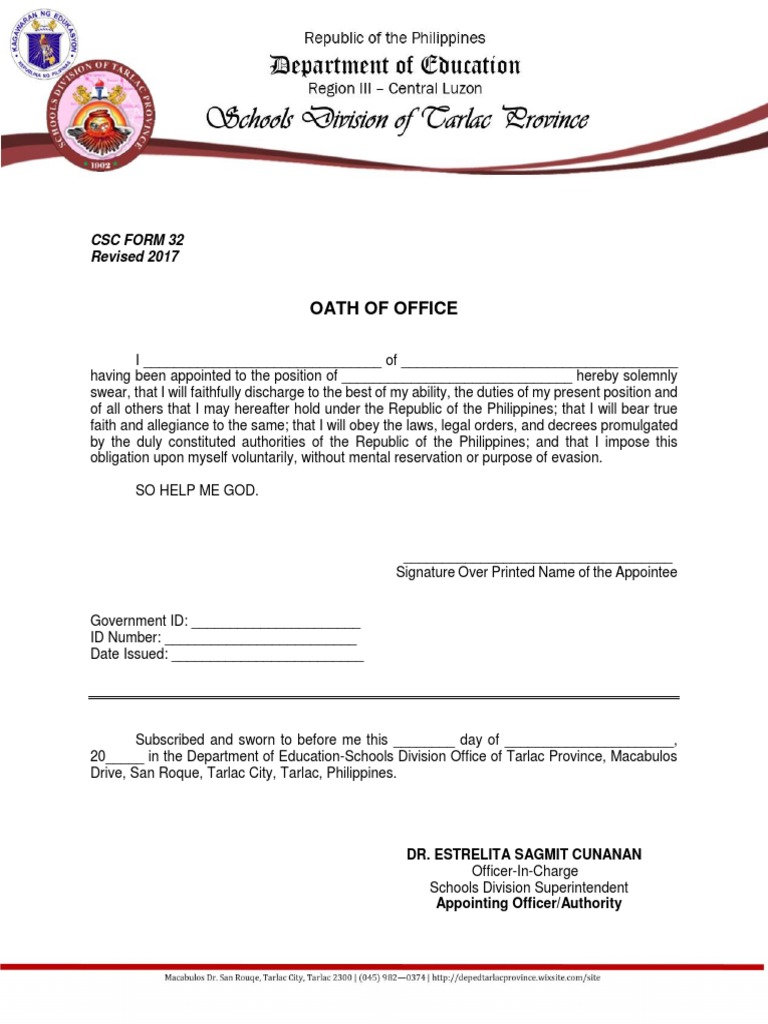 CSC Form 32 Oath of Office Template | PDF