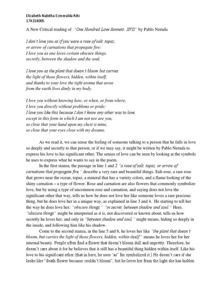 Critical Analysis of Neruda's Sonnet XVII | PDF | Flowers | Love