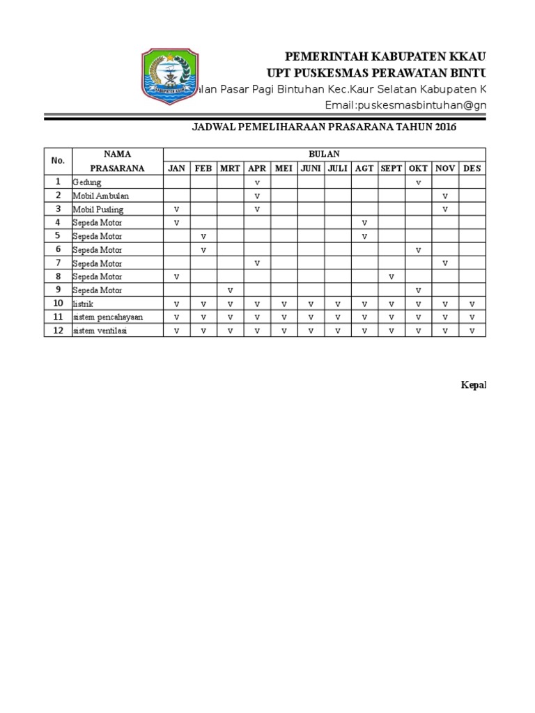 Jadwal Pemeliharaan Dan Perbaikan Prasarana Puskesmas Bintuhan Pdf