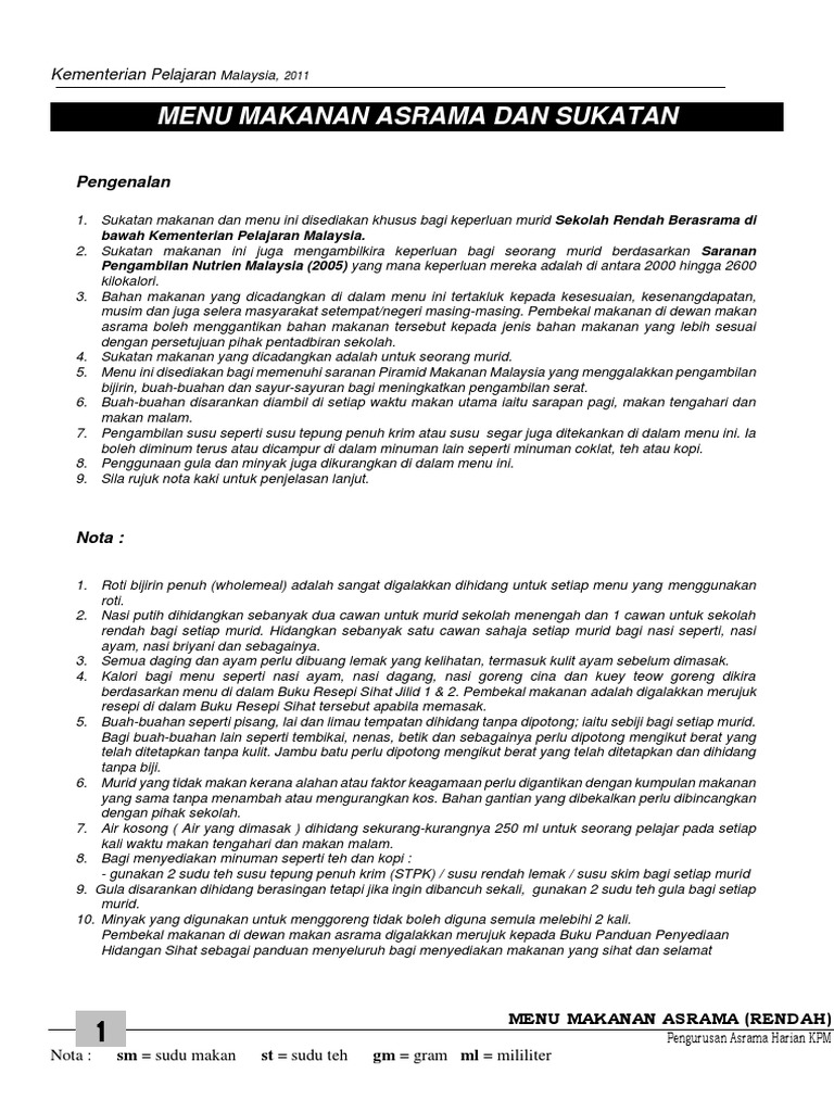 Menu Dan Sukatan Makanan Asrama | PDF
