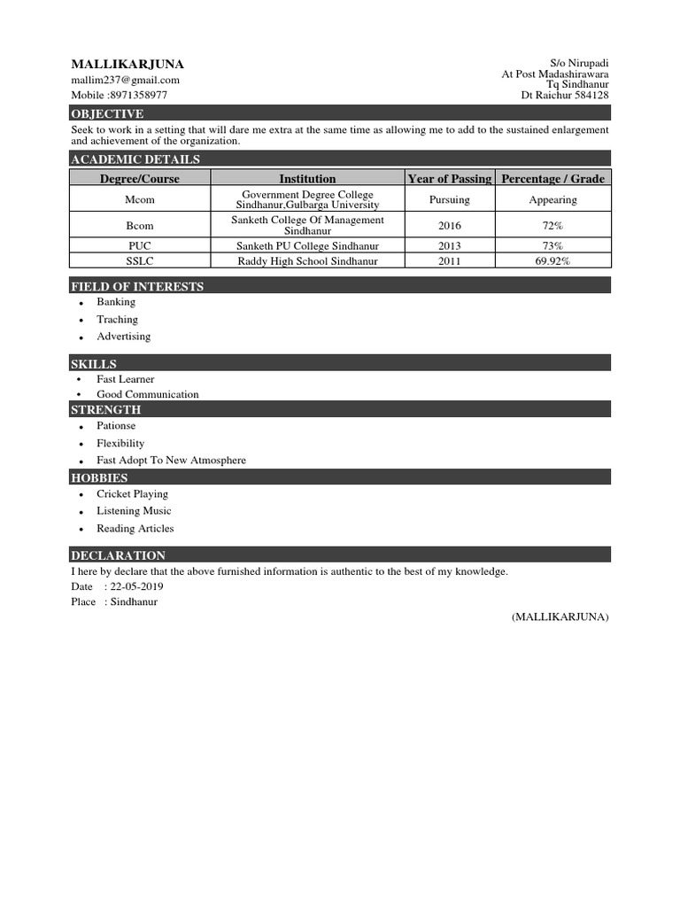 Mallikarjuna Degree Course Institution Year Of Passing Percentage