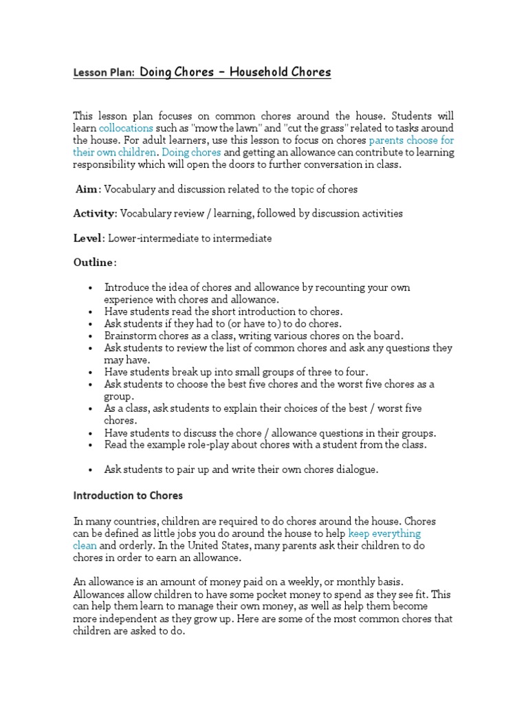 Household Chores | PDF | Housekeeping | Lesson Plan