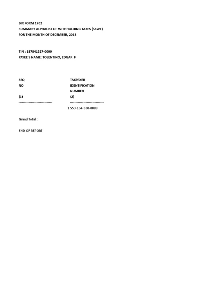 Bir Form 1702 Summary Alphalist of Withholding Taxes (Sawt) For The ...