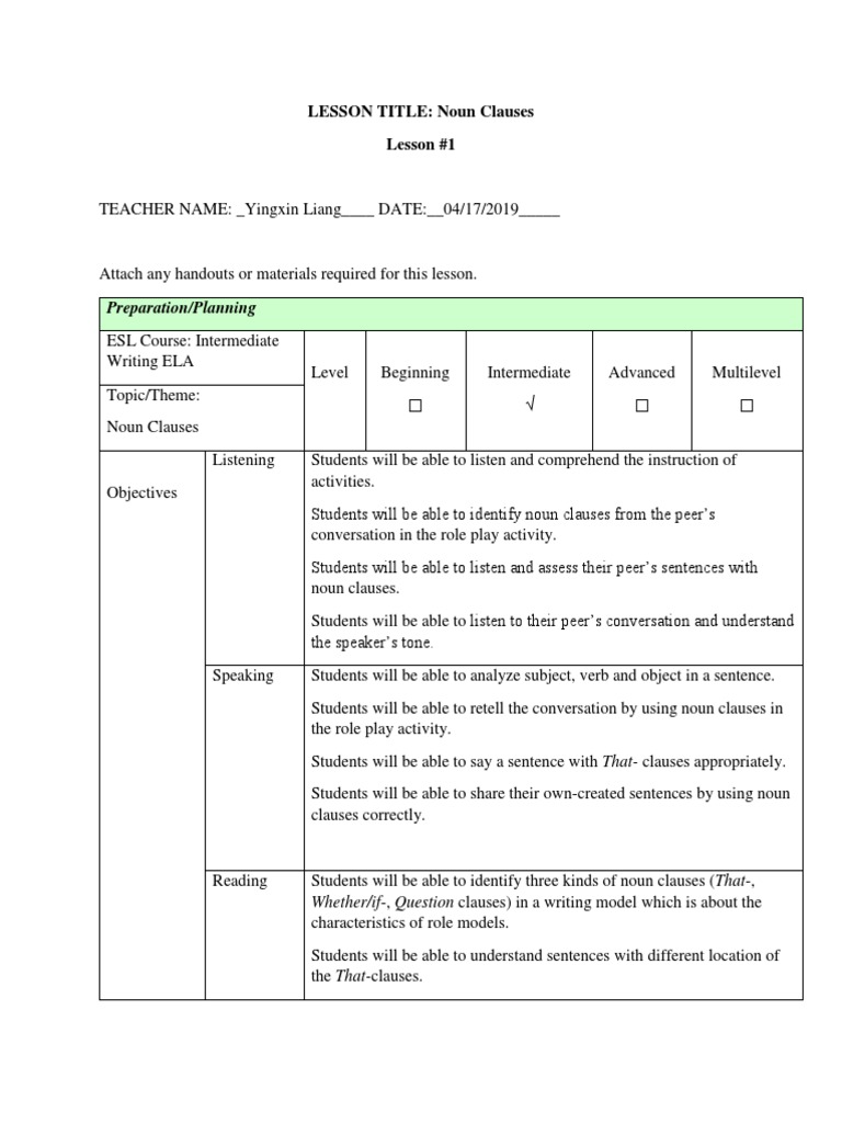 Lesson Plan Noun Clauses | PDF | Clause | Sentence (Linguistics)