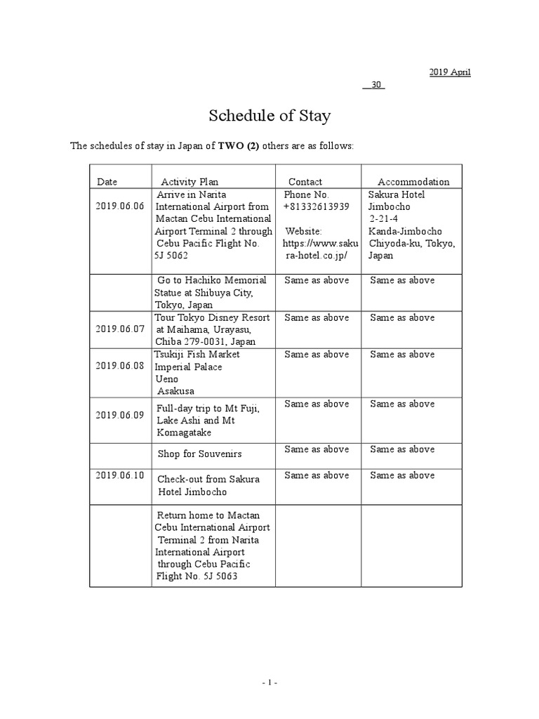 Schedule of Stay | PDF