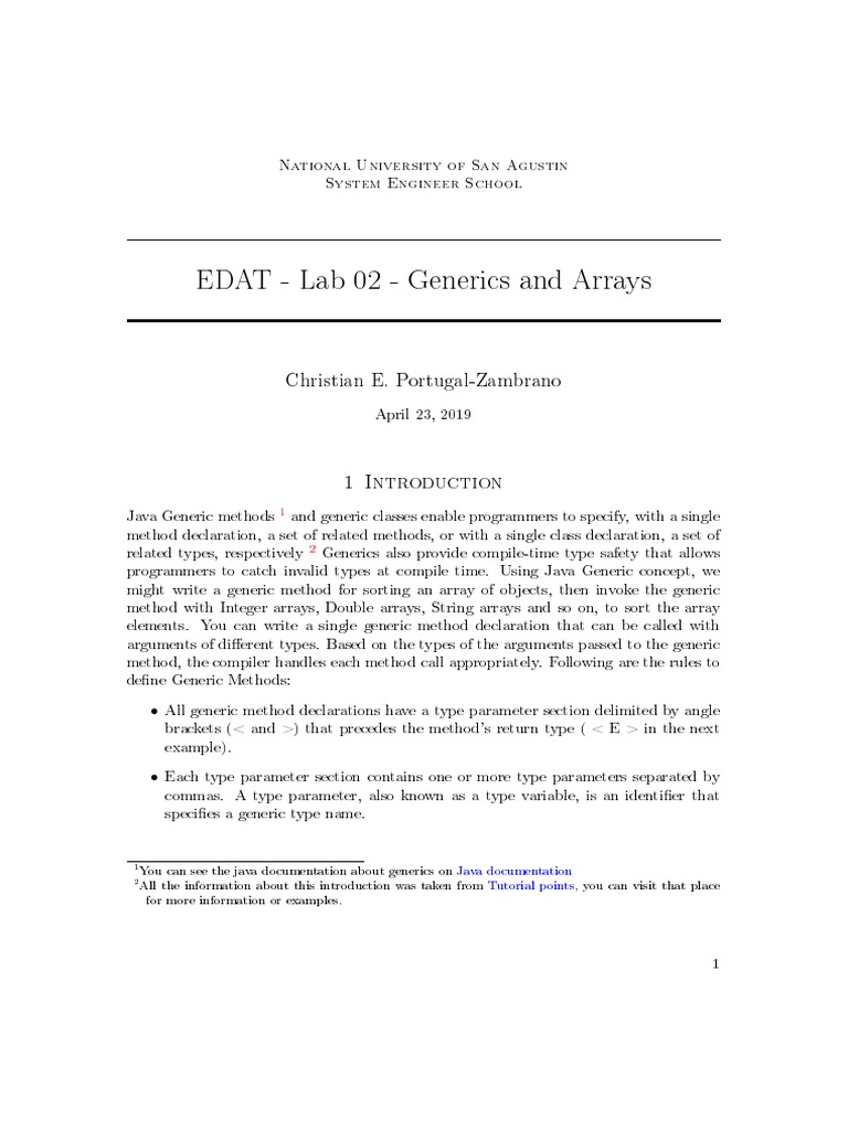 EDAT - Lab 02 - Generics and Arrays: Christian E. Portugal-Zambrano | PDF | Parameter (Computer ...