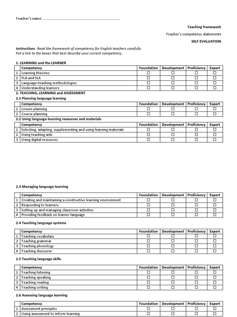 English Teacher Competency Self-Evaluation | PDF | Expert ...