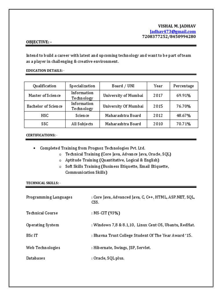 Vishal Jadhav Resume | PDF | Java Server Pages | Java (Programming ...