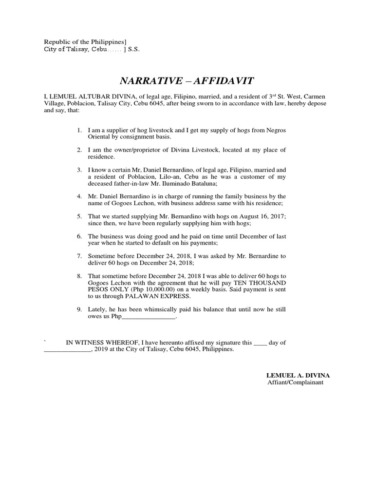 Narrative - Affidavit: Republic of The Philippines) City of Talisay ...