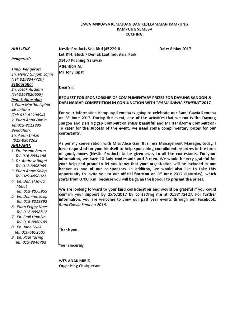 Sponsorship Request Letter Nestle | PDF | Business