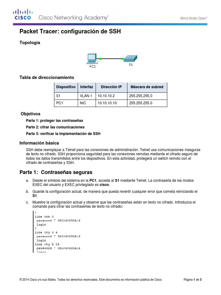 2.3.1.4 Packet Tracer - Configuring SSH Instruction | PDF | Cubierta ...