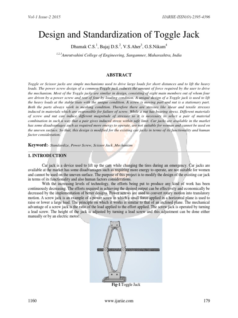 Design and Standardization of Toggle Jack: Dhamak C.S., Bajaj D.S., V.S ...
