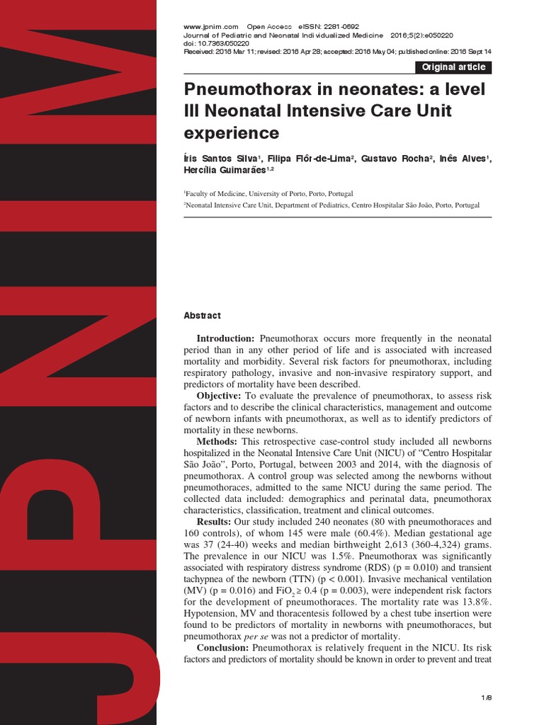 Pneumothorax in Neonates: A Level III Neonatal Intensive Care Unit ...