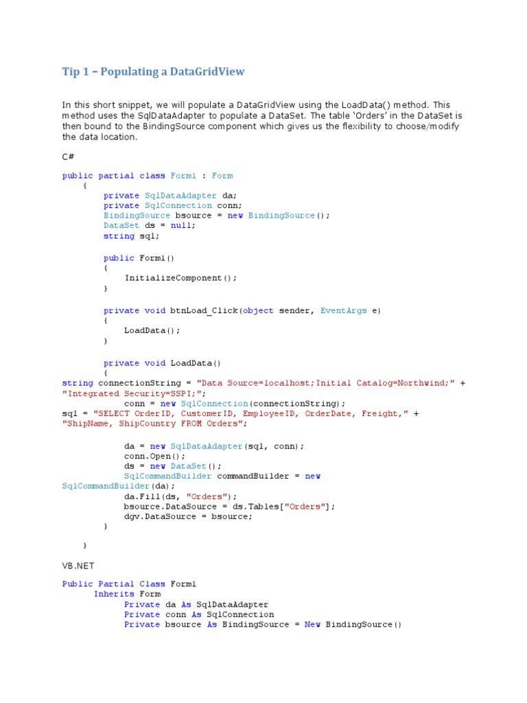 Gridview Tips On Populating Gridview Examples In C And Vb Net