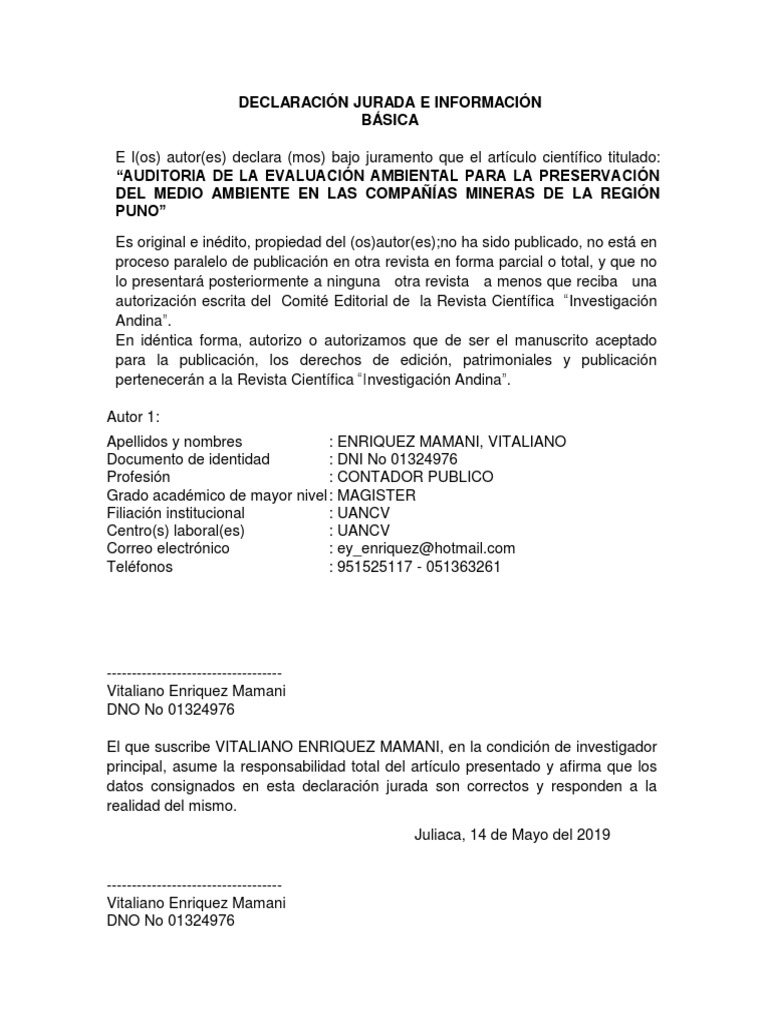 Declaración Jurada de Artículos Científicos | PDF | Periódico Y Revista ...