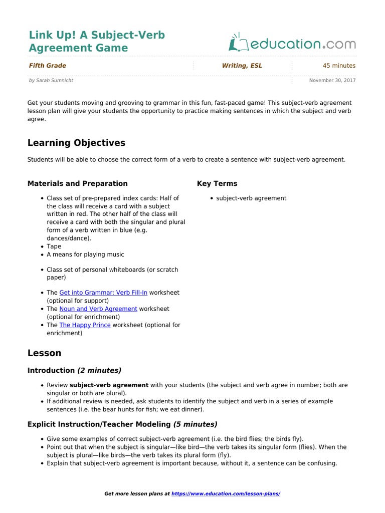Subject-Verb Agreement Game for 5th Grade | PDF | Verb | Subject (Grammar)