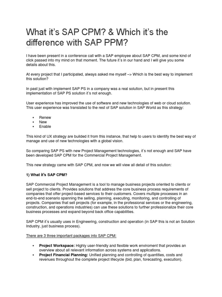 What It's SAP CPM? & Which It's The Difference With SAP PPM? | PDF ...