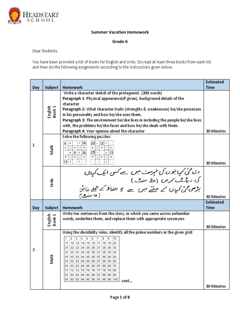 Summer Vacation Homework Assignments: A Detailed Schedule of Daily ...