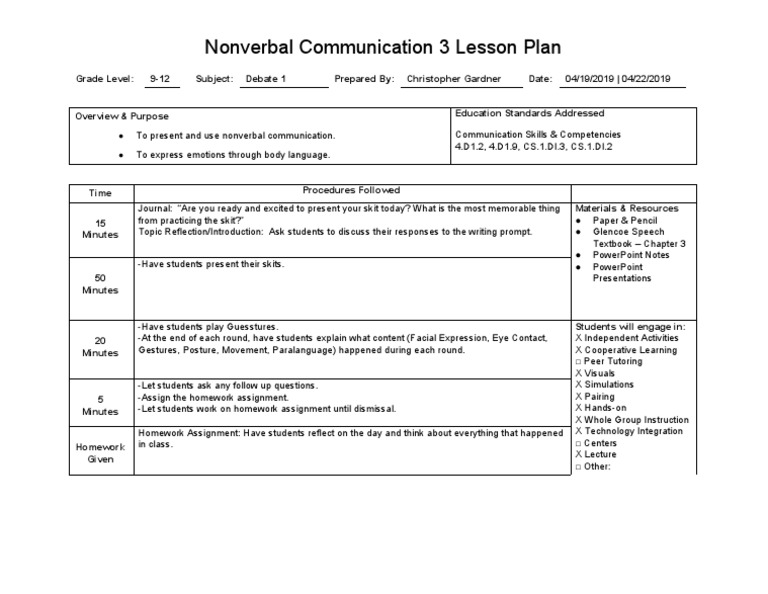 Nonverbal Lesson Plan 3 | PDF | Homework | Nonverbal Communication