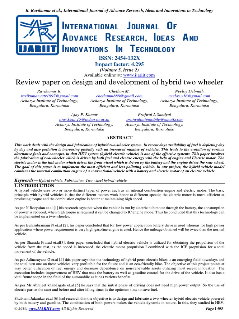 Review Paper On Design and Development of Hybrid Two Wheeler | PDF ...
