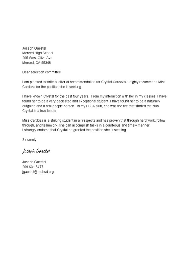 Letter of Crystal Cardoza | PDF
