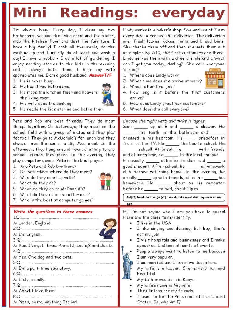 Mini Reading Passages Everyday Activities Reading Comprehension ...