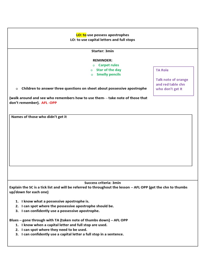 Possessive Apostrophe Lesson Plan | PDF | Cognitive Science