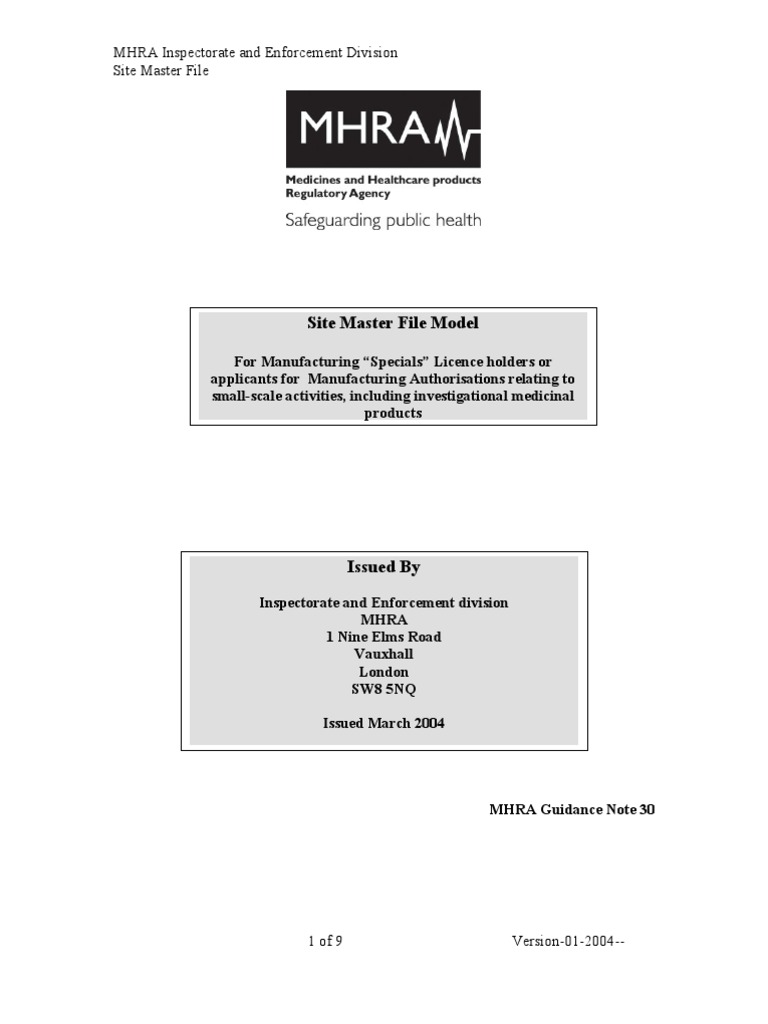 MHRA Inspectorate and Enforcement Division Site Master File | Download Free PDF | Verification ...