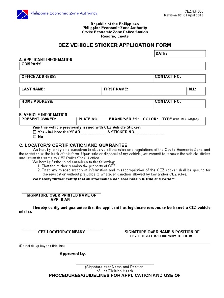 CEZ.8.F.005 Vehicle Sticker Application Form Revision 02 | PDF | Vehicles | Virtue