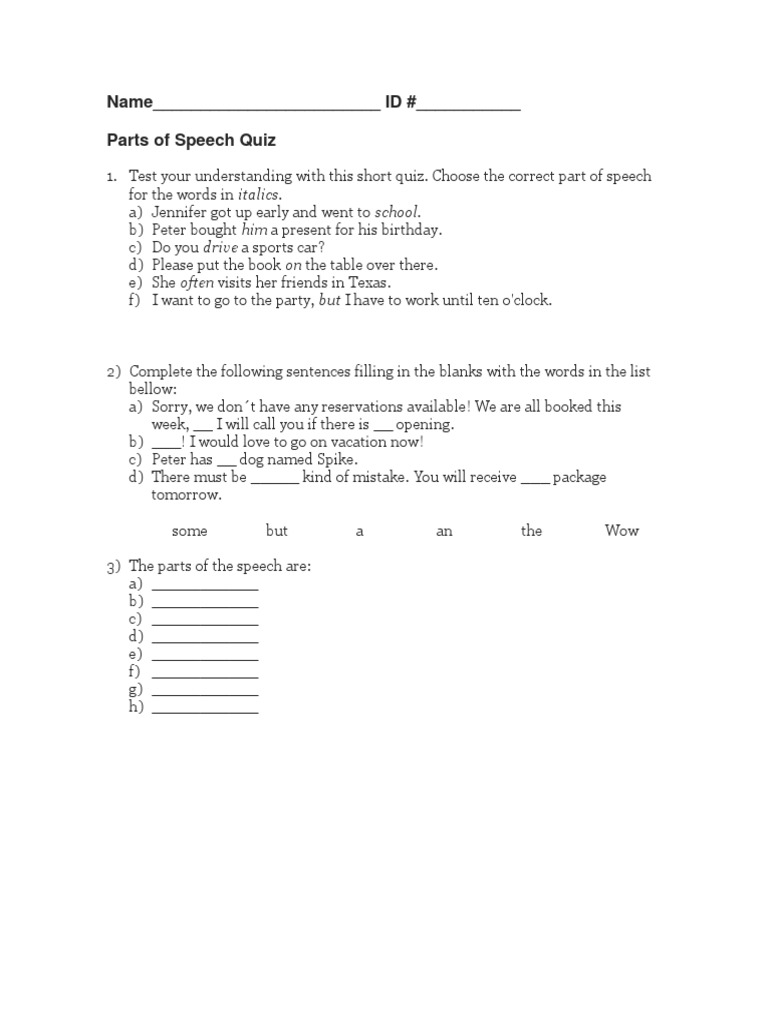 Name - ID # - Parts of Speech Quiz | PDF | Foreign Language Studies ...