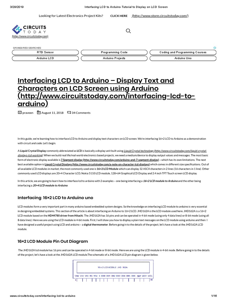 Interfacing LCD To Arduino-Tutorial To Display On LCD Screen | PDF | Arduino | Liquid Crystal ...