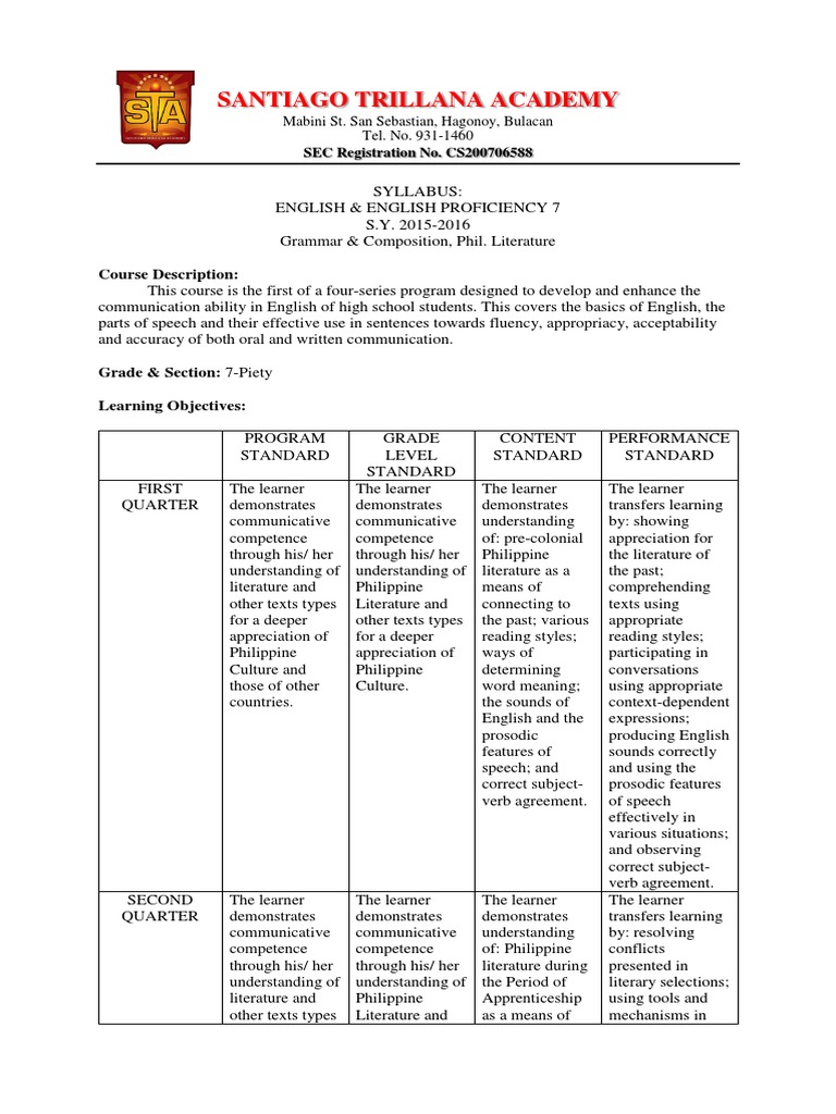 English Proficiency Syllabus for Grade 7 | PDF | English Language ...