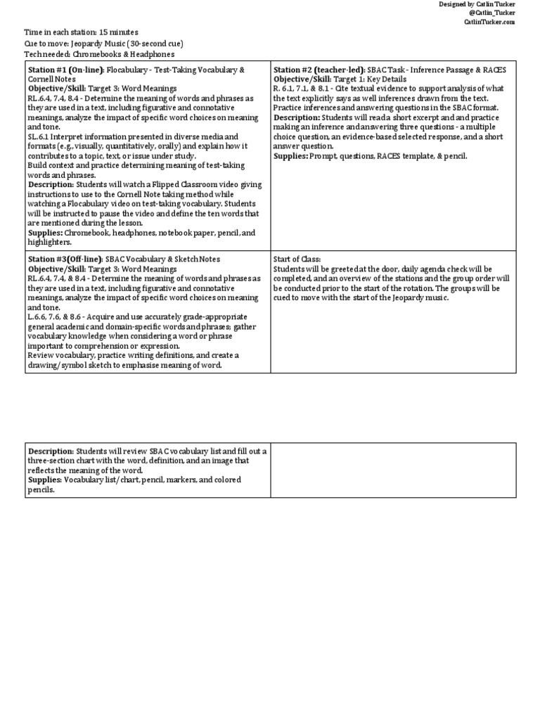 Station Rotation Lesson Plan for SBAC | PDF | Vocabulary | Word